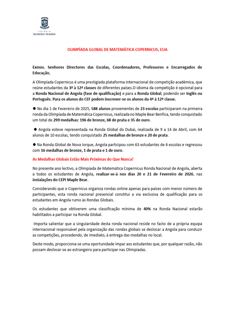 Olimpíada de Matemática Copernicus 2026 | PDF | Angola