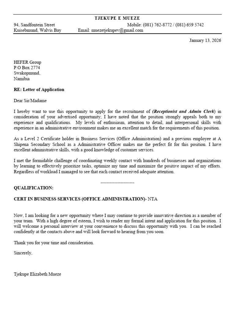 Application for Receptionist Position | PDF