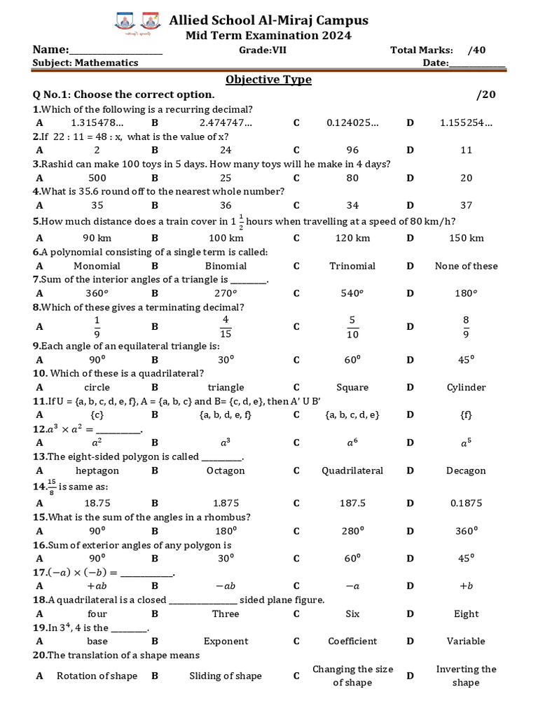 Maths VII (1) | PDF | Shape | Geometric Shapes