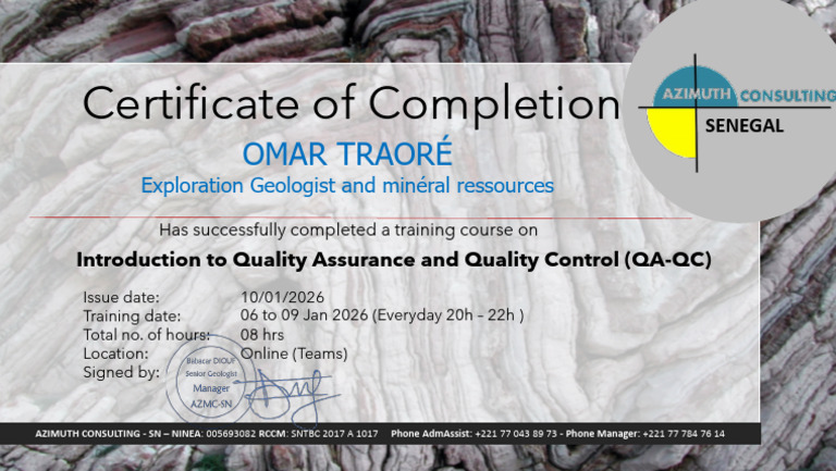 QAQC Training Completion Certificate_Omar Traoré | PDF