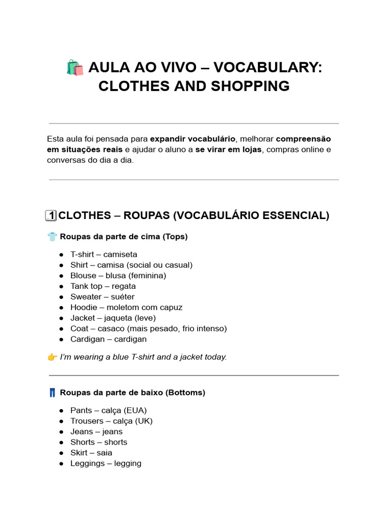 (Aula Ao Vivo) Vocabulary - Clothes and Shopping | PDF | Online ...