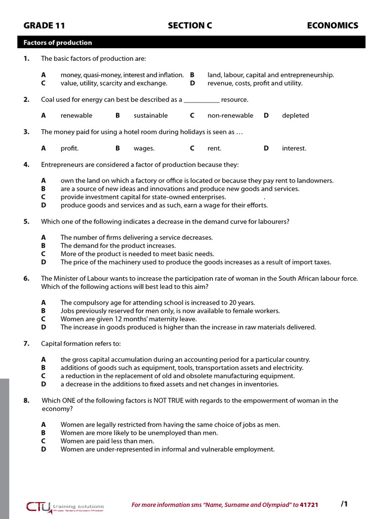 Economics Factors of Production Quiz | PDF | Gross Domestic Product ...