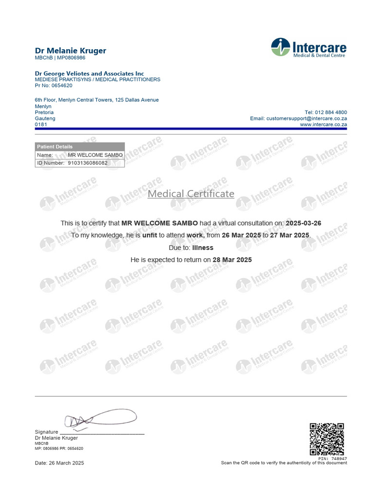 Medical Certificate for MR WELCOME SAMBO | PDF