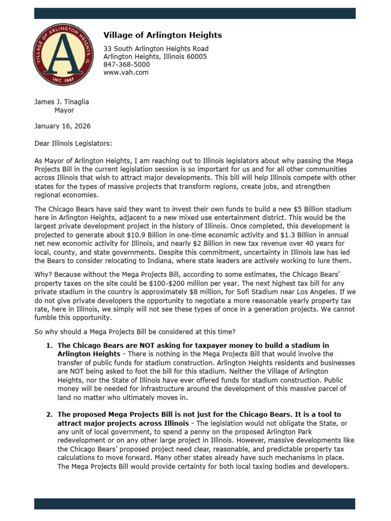 Mayor Jim Tinaglia's letter to Springfield | PDF | Illinois | Taxes