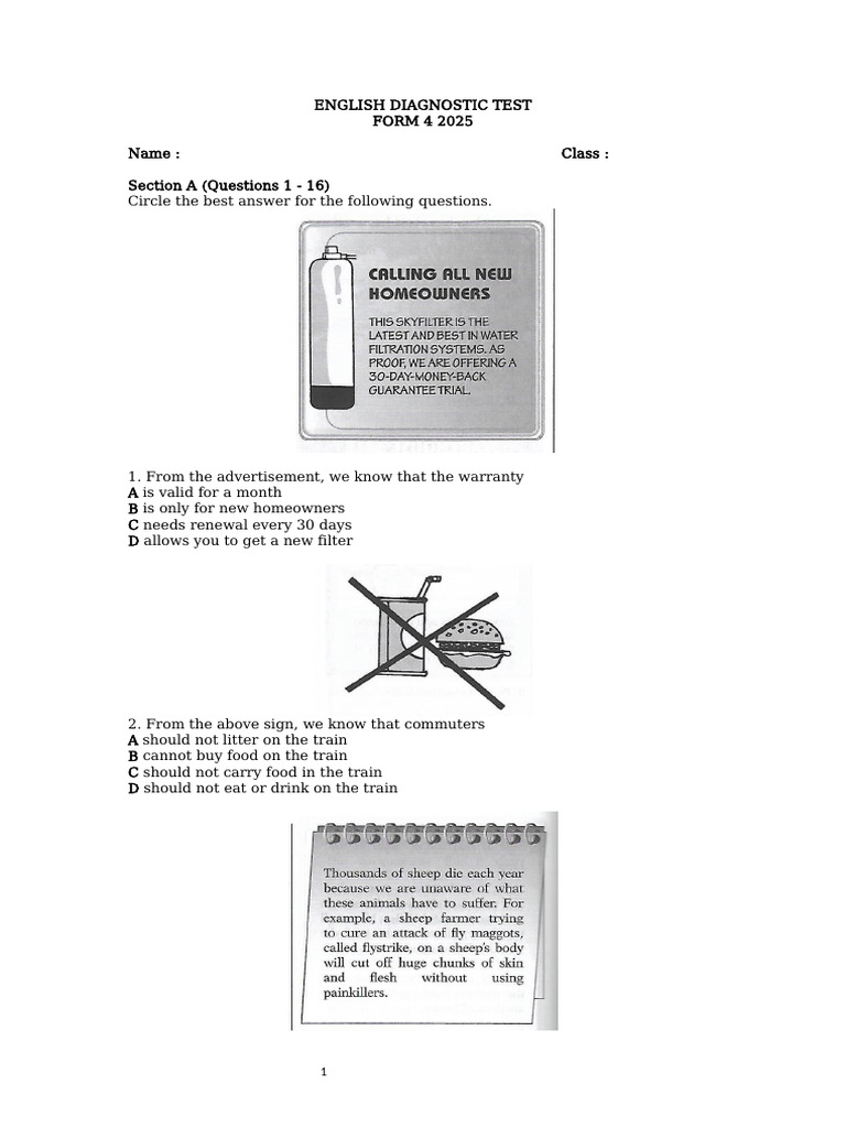 English Diagnostic Test Form 4 2025 | PDF | Body Language | Elephant