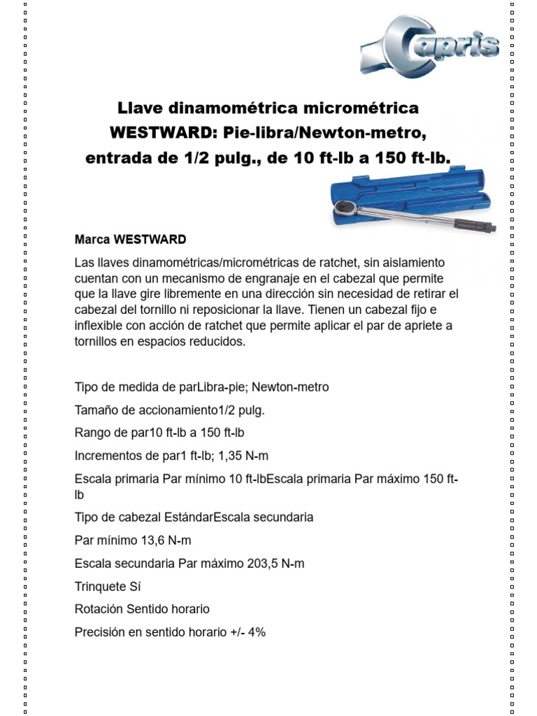 Llave Dinamométrica WESTWARD 10-150 ft-lb | PDF