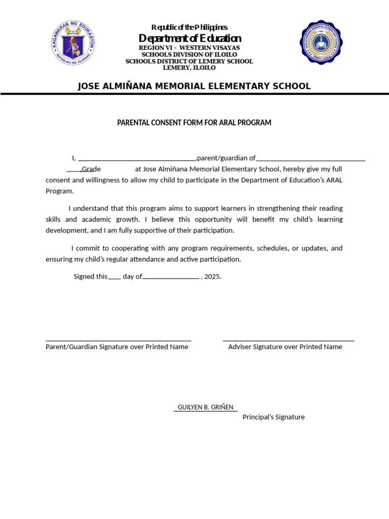 Parent Consent Form for Aral Program | PDF