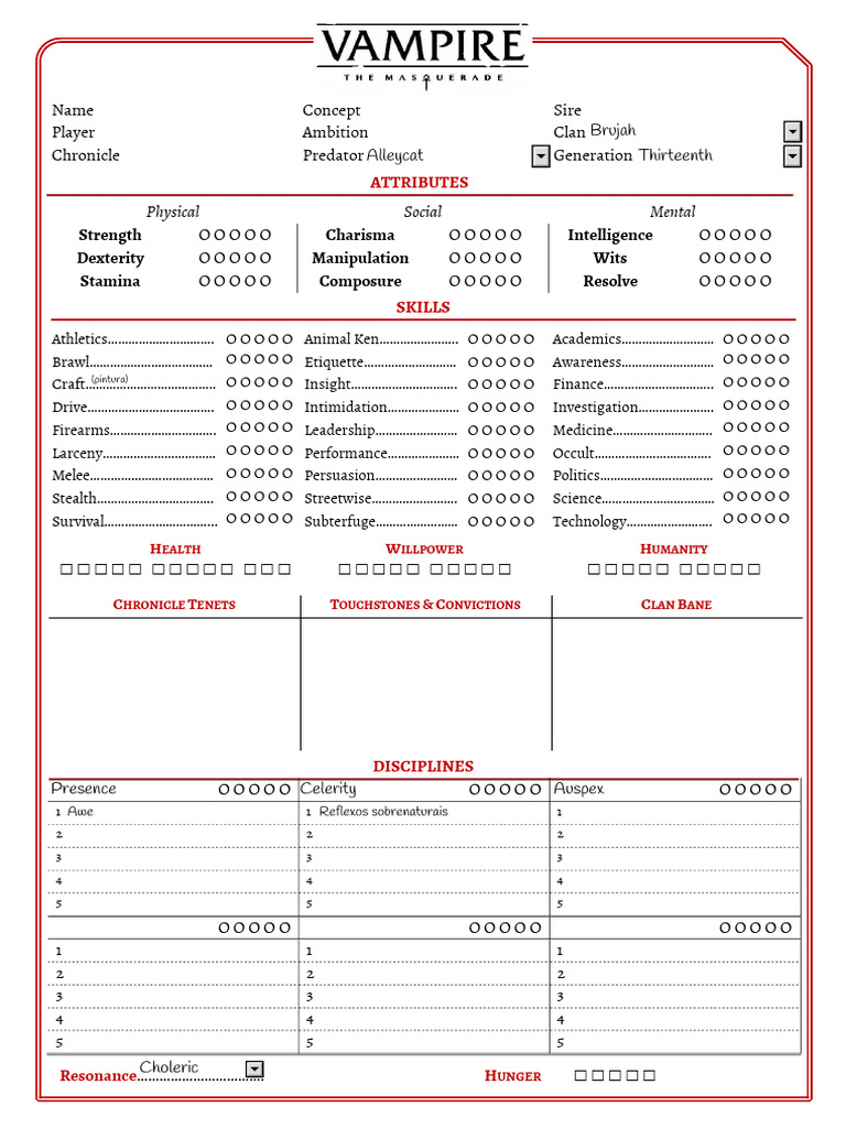 Vampire Character Sheet Template | PDF