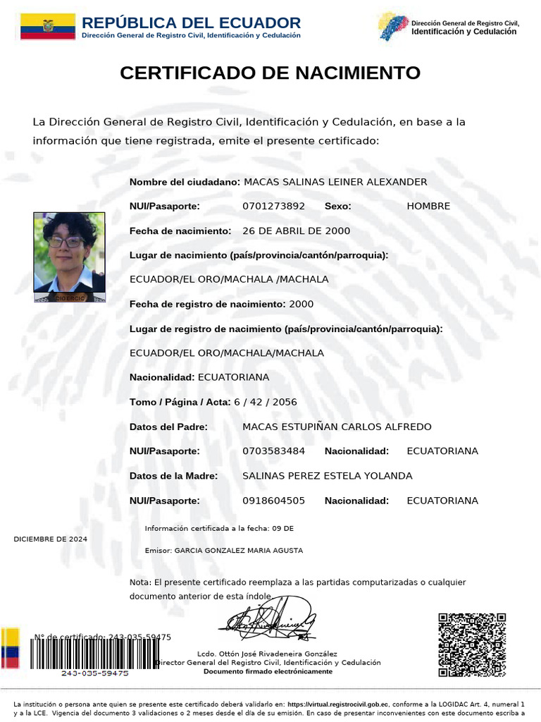 Certificado de Nacimiento Leiner | PDF | Gobierno | Autenticación