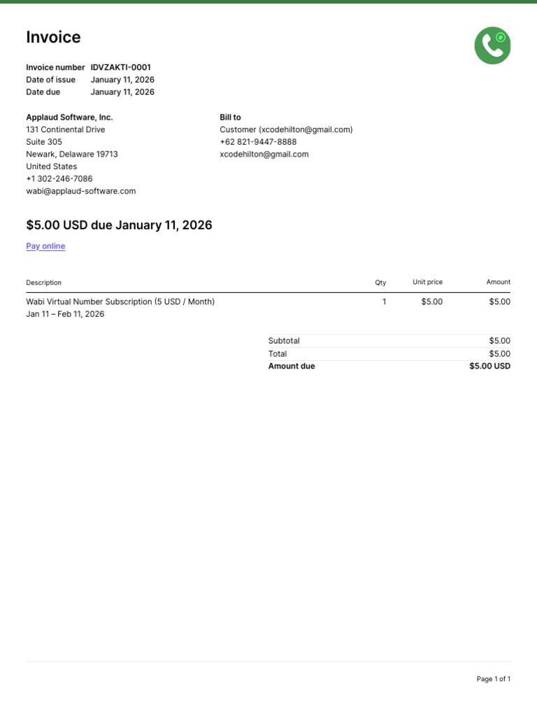 Wabi Virtual Number Invoice - $5 Due | PDF