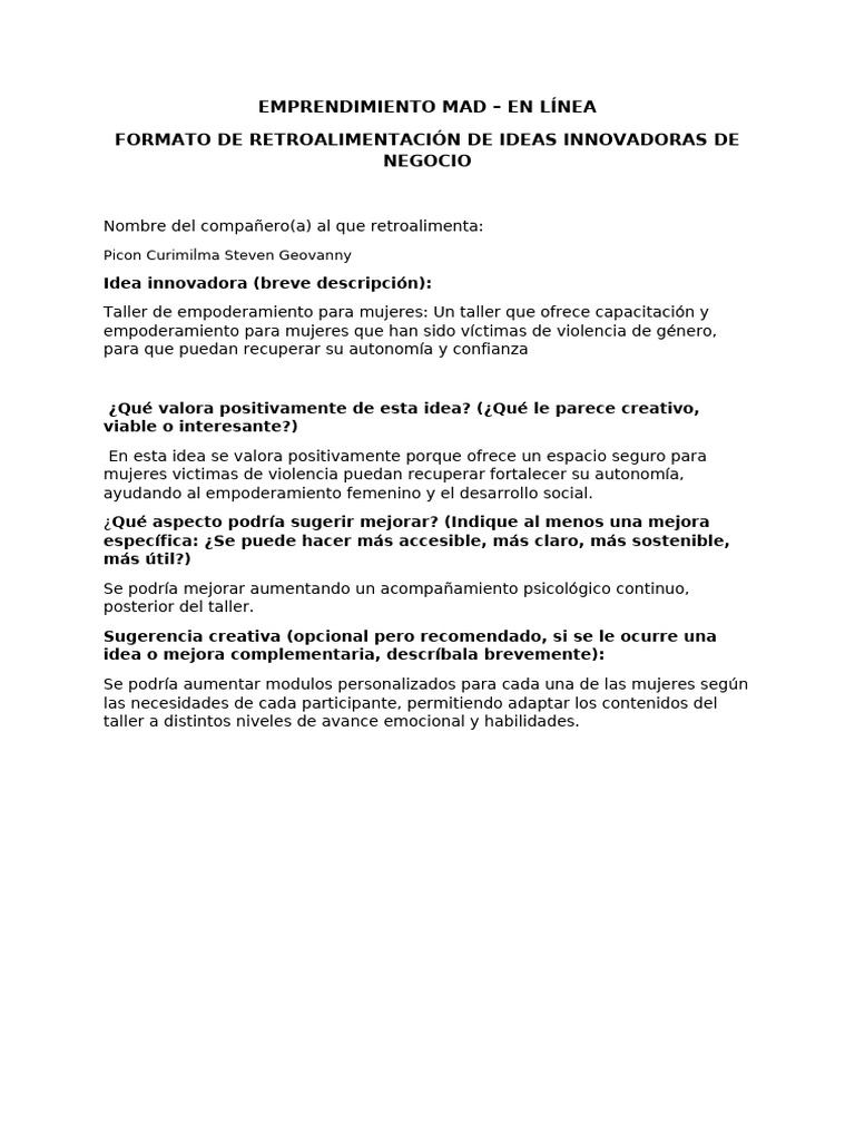 Formato de Retroalimentación de Ideas Innovadoras de Negocio (2) | PDF