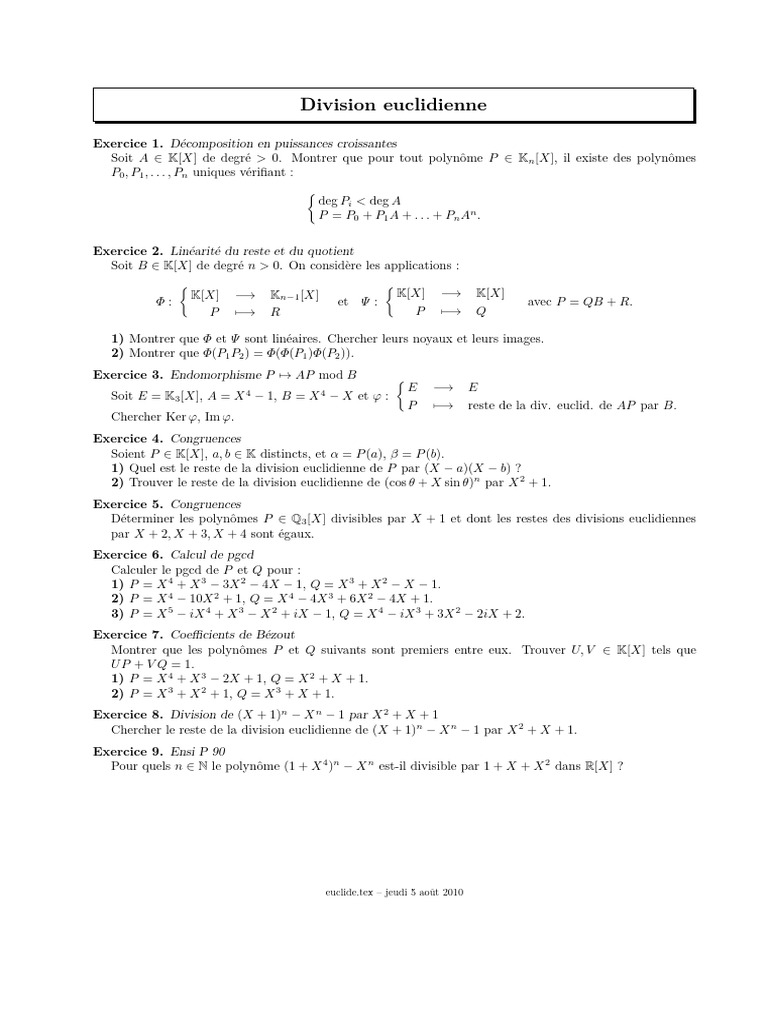 Exercices de division euclidienne des polynômes | PDF | Polynôme ...