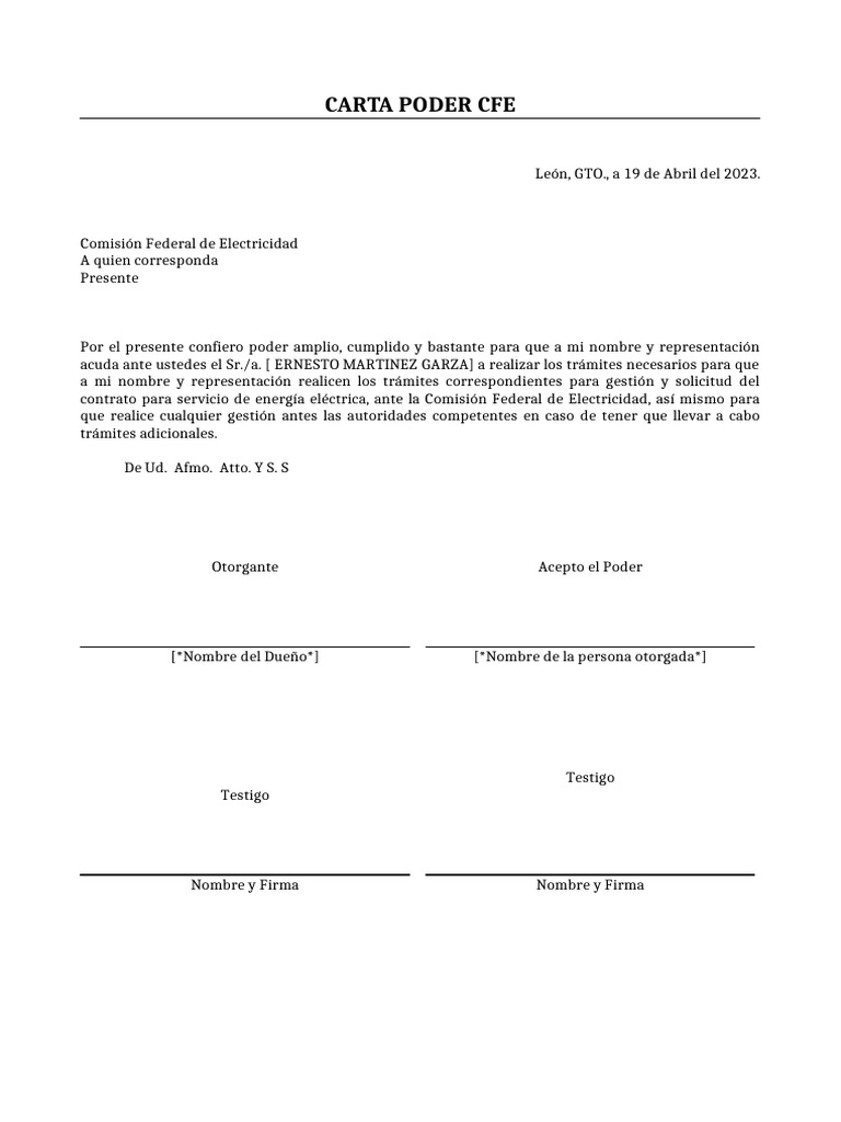 Carta Poder para CFE 2023 | PDF
