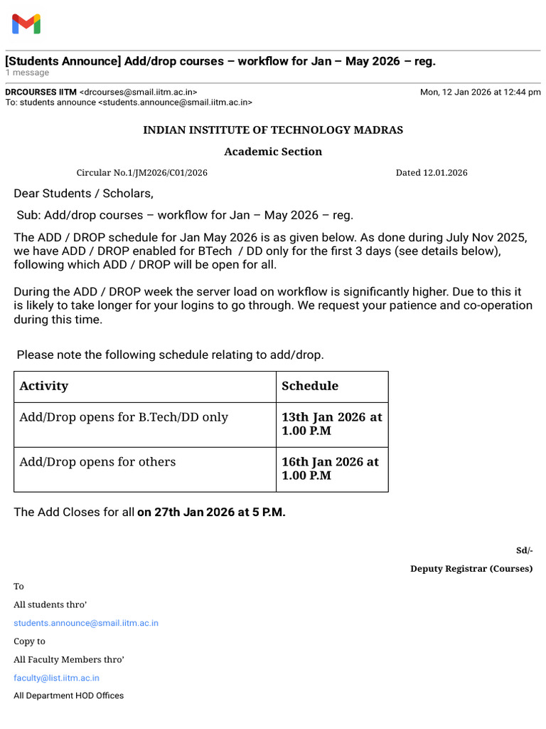 IIT Madras Add/Drop Courses Jan-May 2026 | PDF
