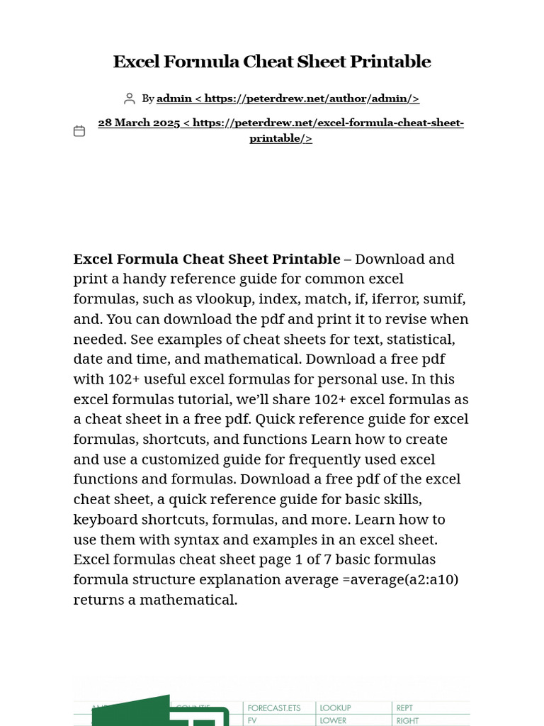 Excel Formula Cheat Sheet PDF Download | PDF