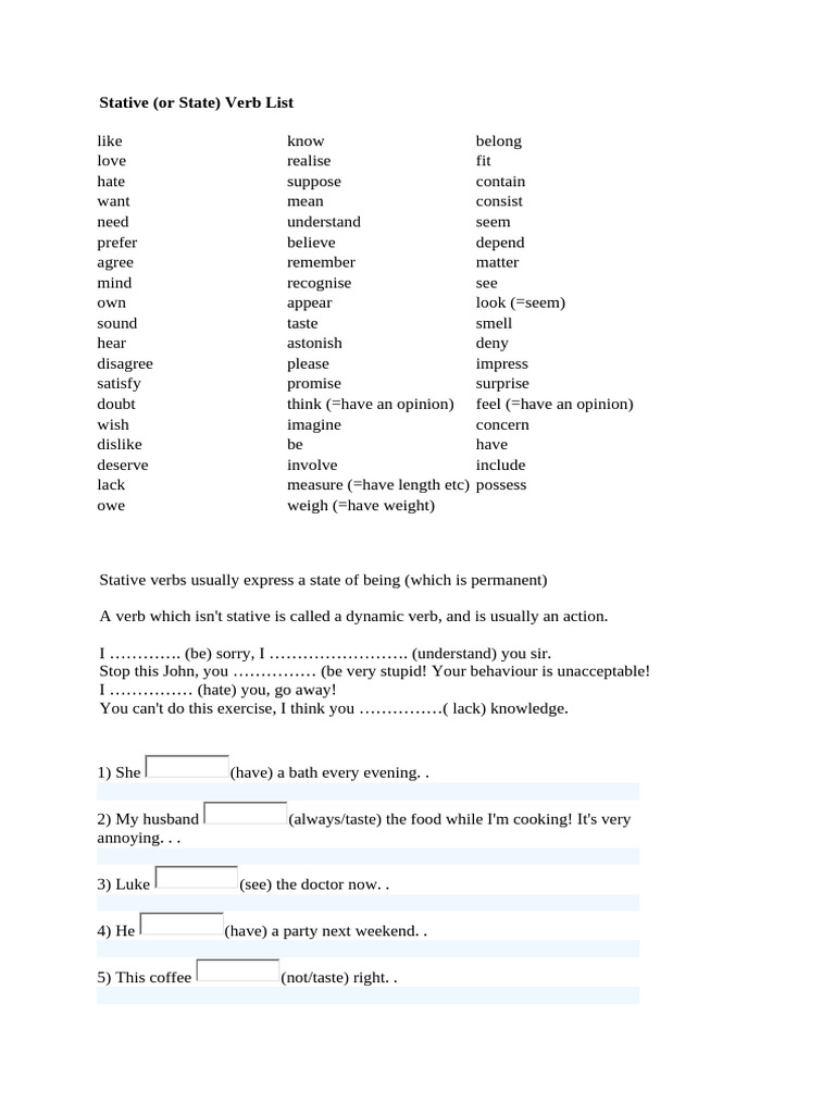 Present Simple-COntinuous STATIVE VERBS | PDF