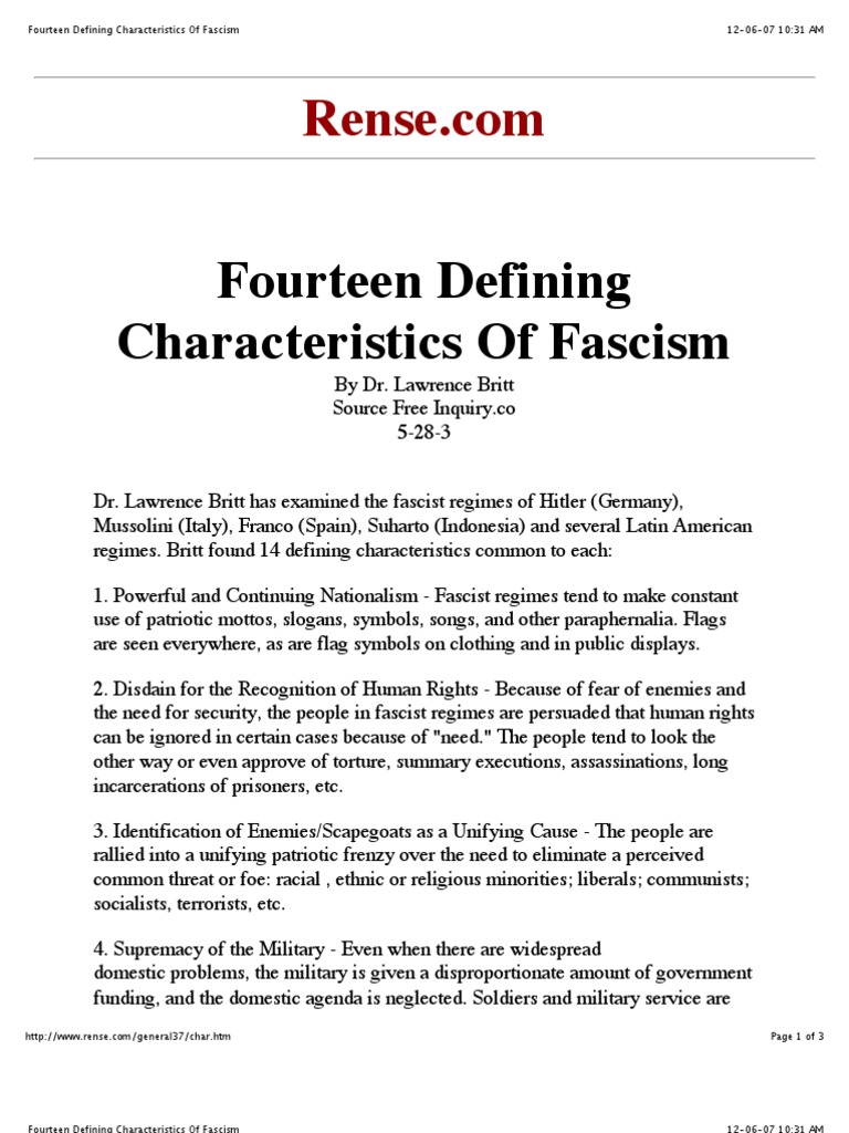 Fourteen Defining Characteristics of Fascism | PDF