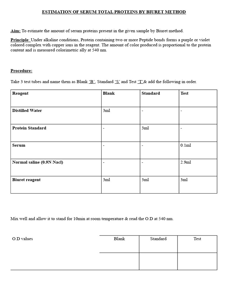 Serum Protein Estimation by Biuret Method | PDF | Blood Plasma ...