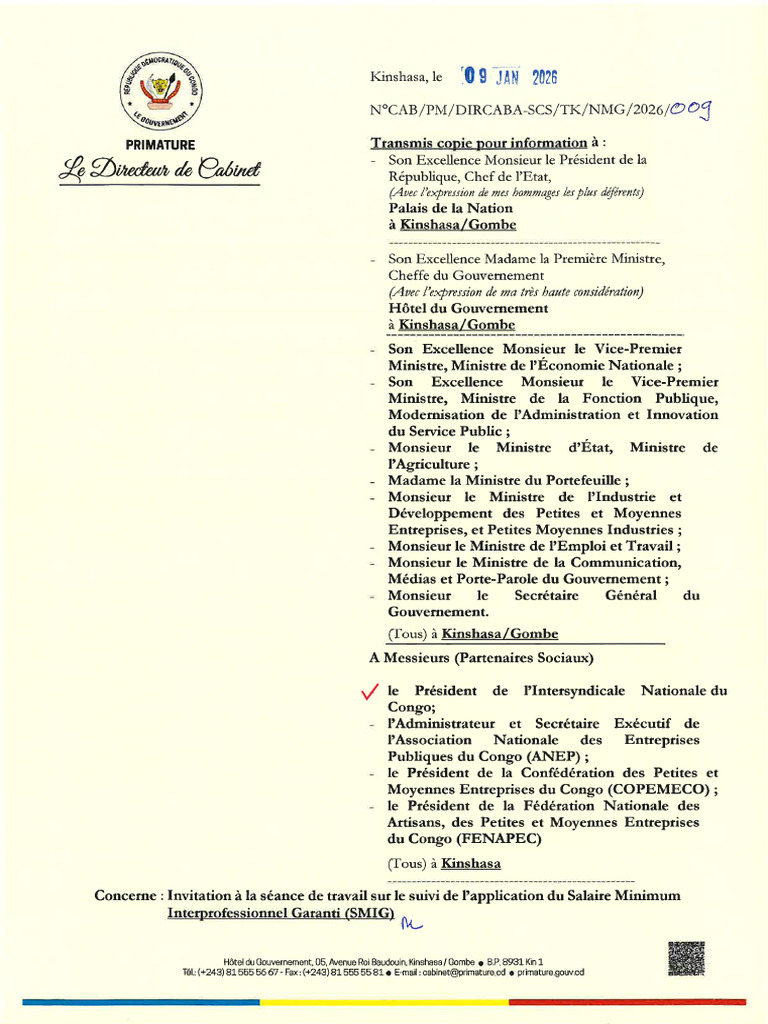 Intersyndicale Nationale-Invitation à La Séance de Travail Sur Le Suivi de l'Application Du SMIG ...