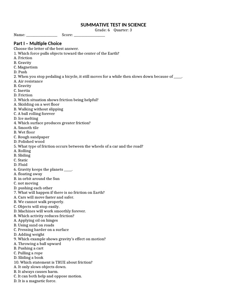 6th Grade Science Test on Forces | PDF | Friction | Force
