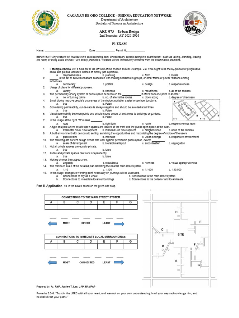 Urban Design Exam - Cagayan de Oro College | PDF