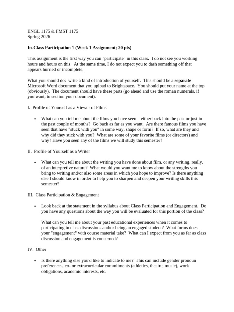 Week 1 Self-Introduction Assignment--Spring 2026 | PDF