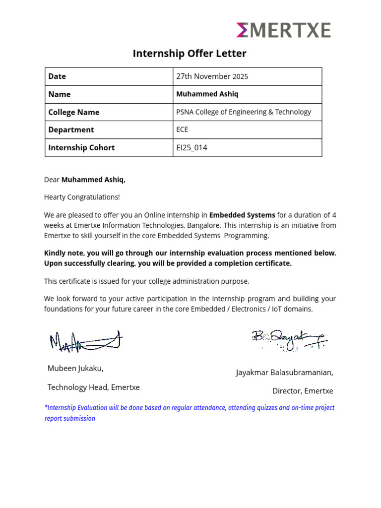 Emertxe Internship Offer Letter Muhammed Ashiq | PDF