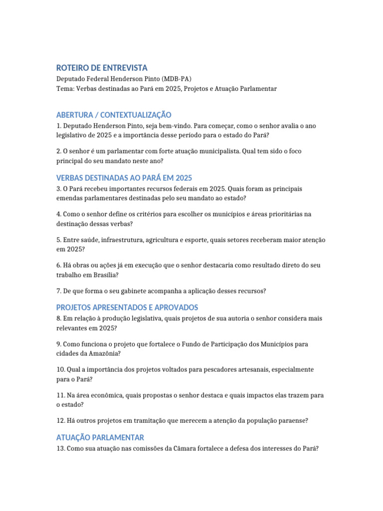 Entrevista com Henderson Pinto: Verbas e Projetos para o Pará 2025 | PDF