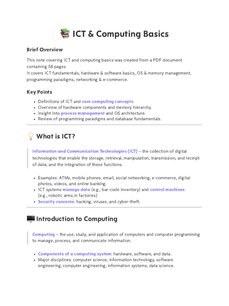 ICT and Computing Fundamentals Overview | PDF | Computer Data Storage ...