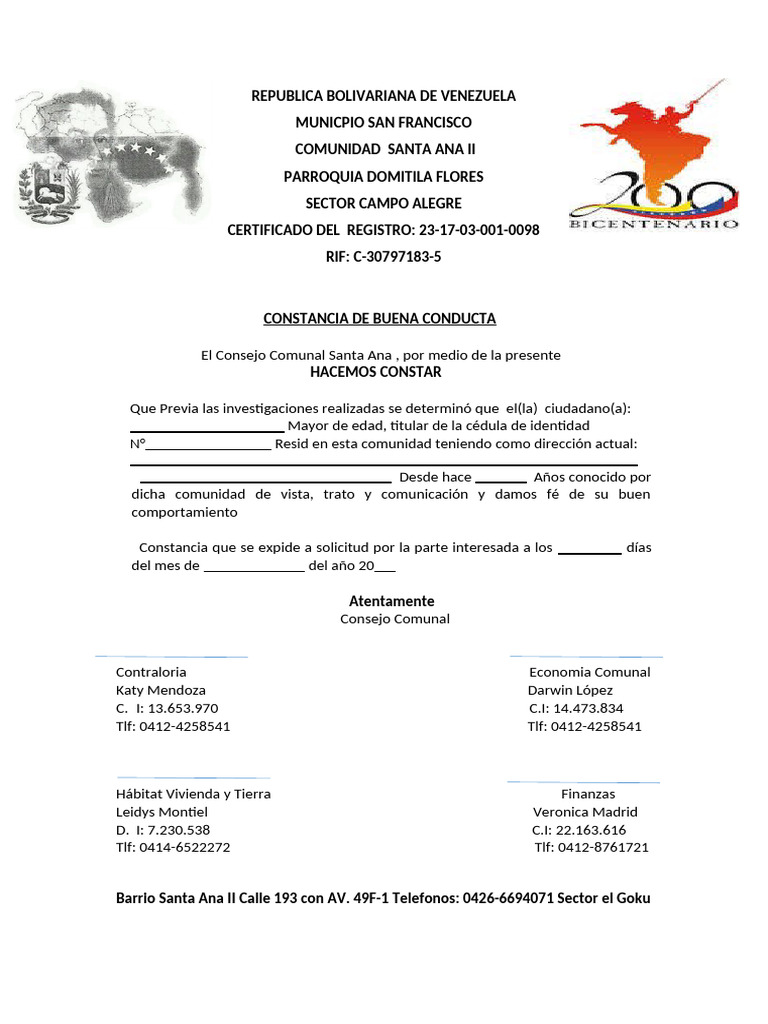 Certificado de Buena Conducta Santa Ana II | PDF