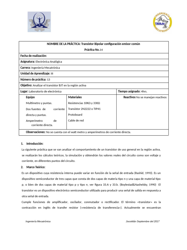 Practica 14 Electronica Analogica Buenaa | PDF | Transistor | Electrónica