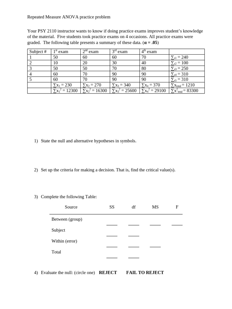 Ch+18+ +Repeated+ANOVA+Worksheet | PDF