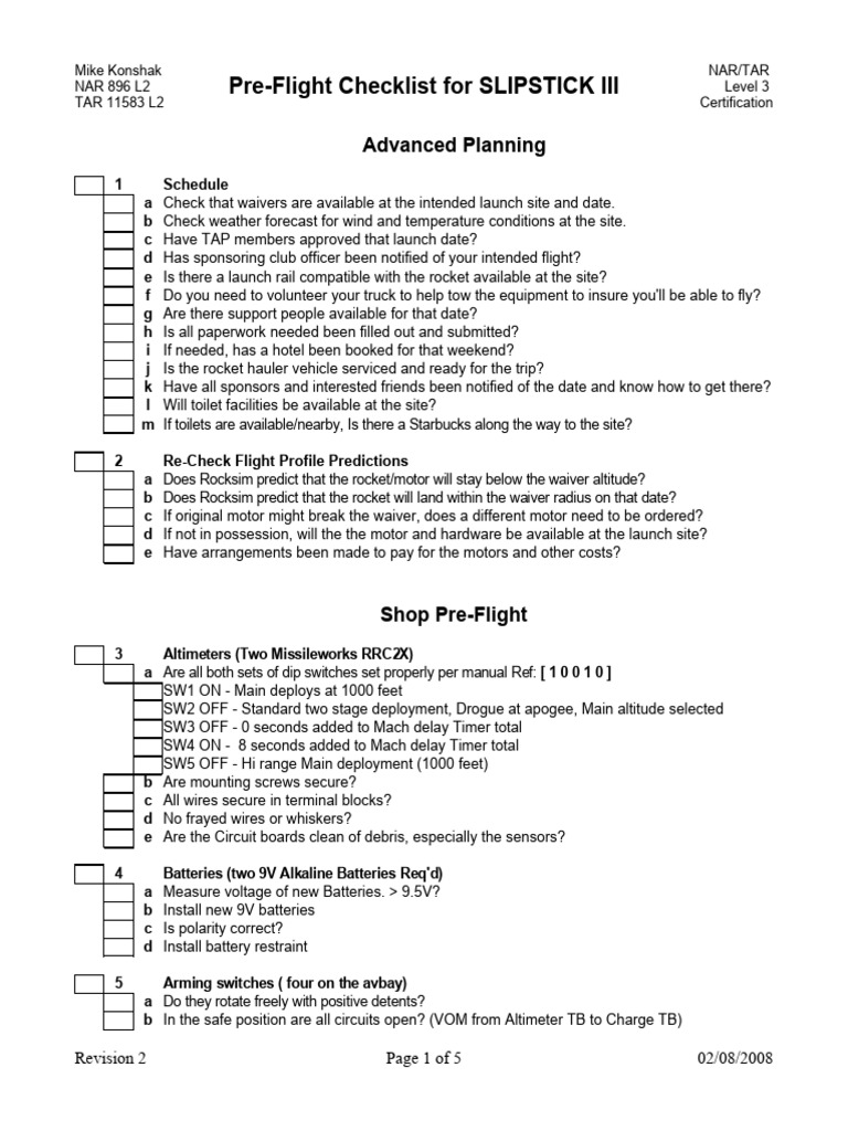 Pre-Flight Checklist for SLIPSTICK III - Telerover | PDF | Parachute ...