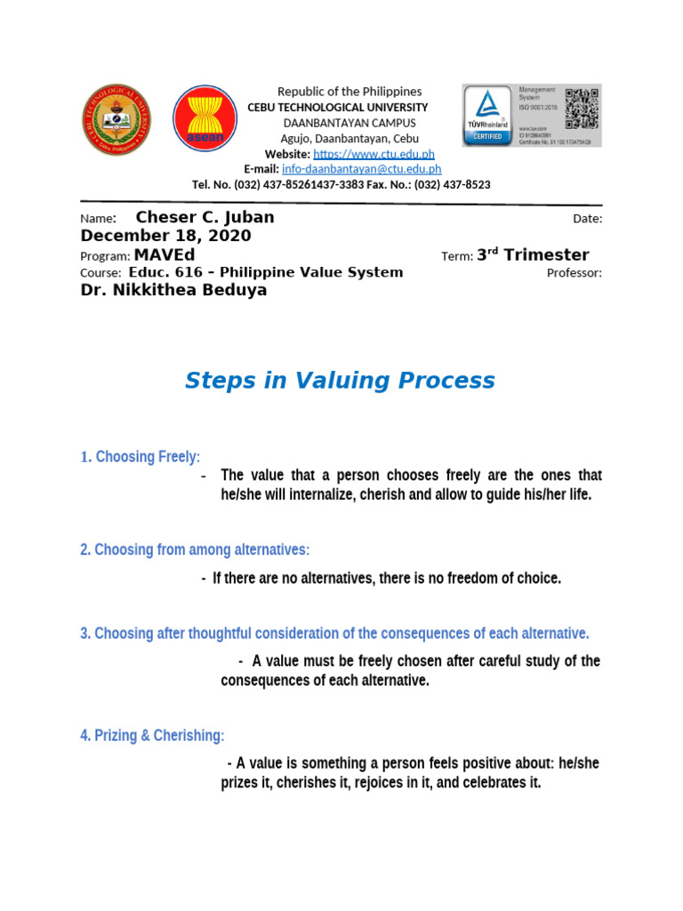 STEPS IN VALUING PROCESS AND REFLECTION | PDF | Happiness ...