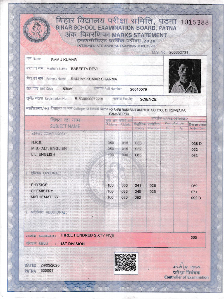 12 TH MARK SHEET (1) | PDF
