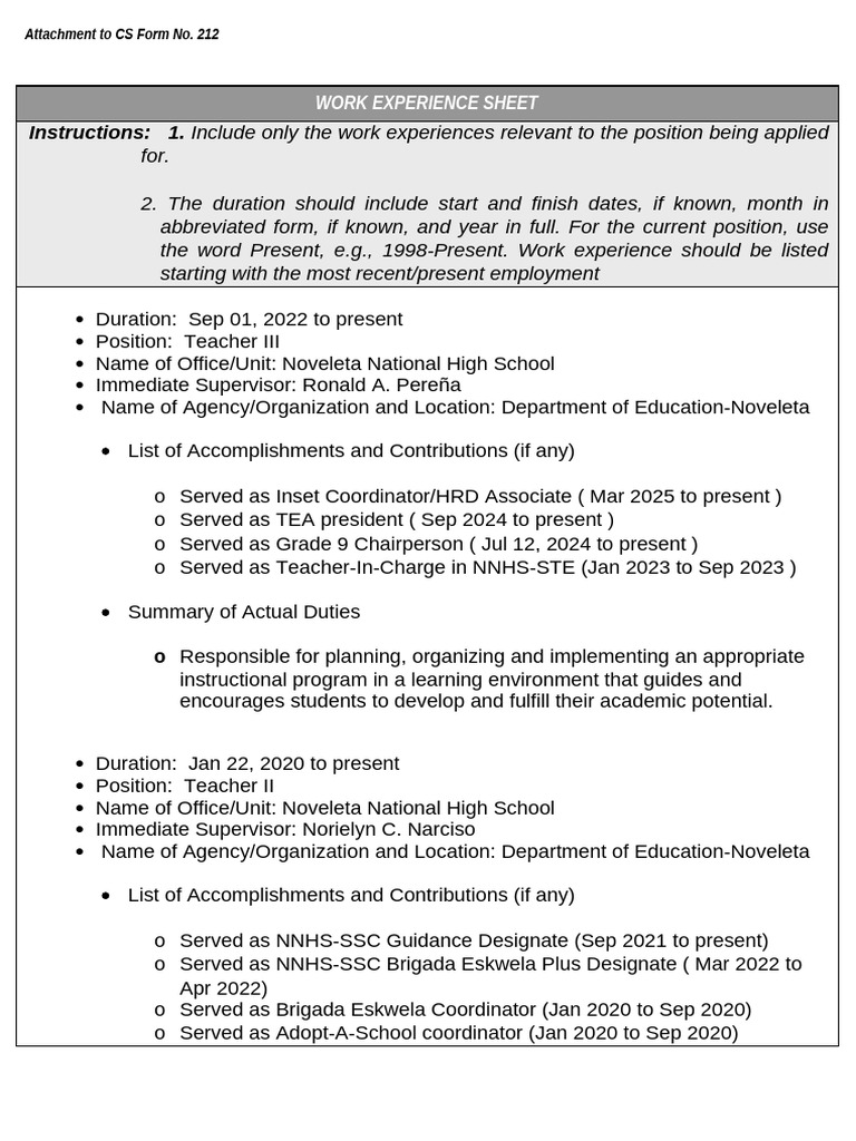 CS Form No. 212 Attachment Work Experience Sheet RONA M. DEL ROSARIO ...