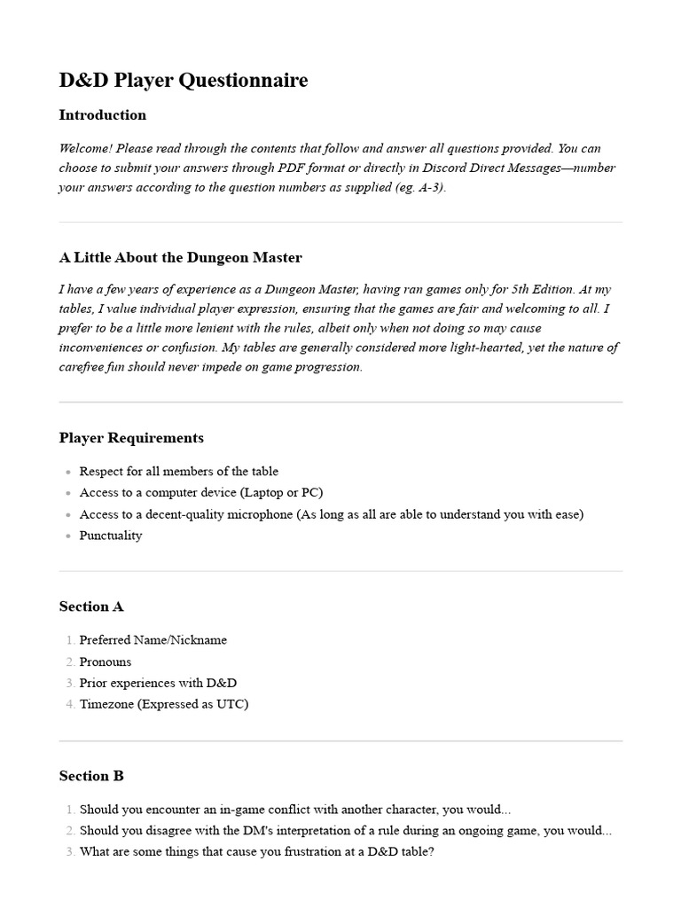 D&D Player Experience Questionnaire | PDF