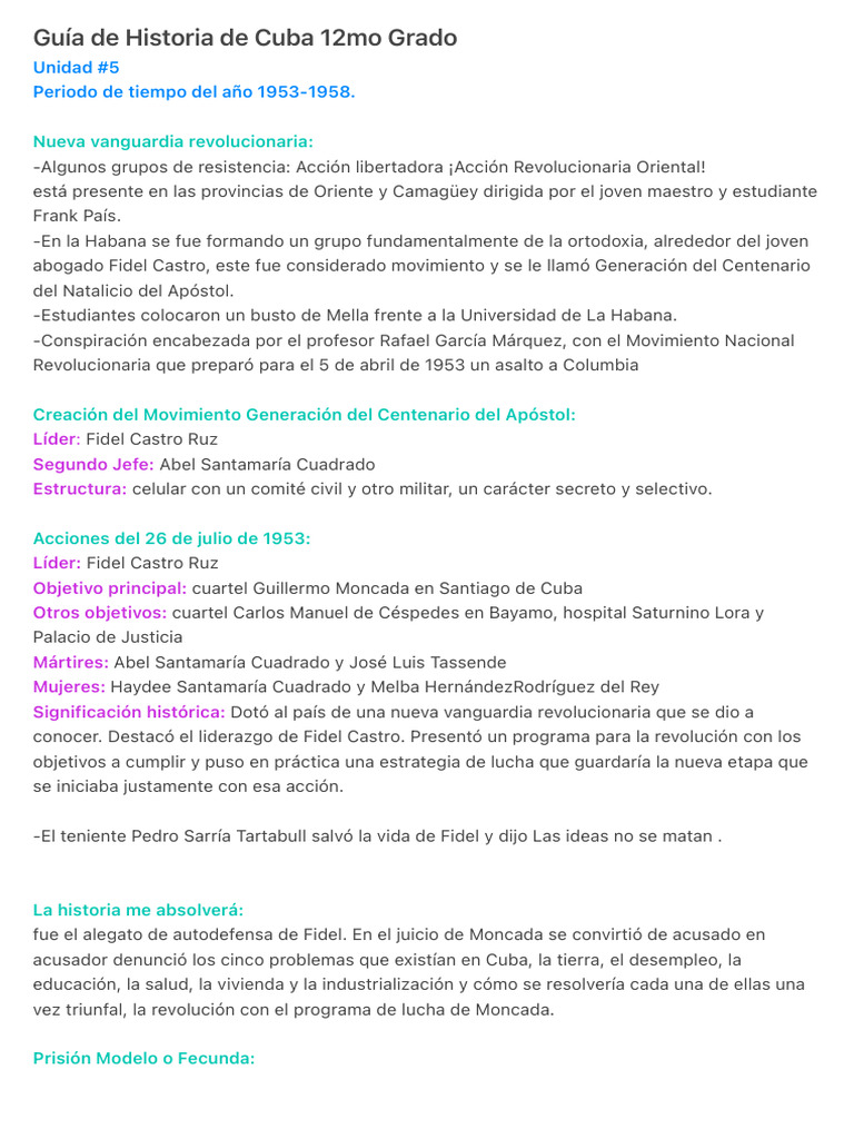 Guía de Historia de Cuba 12mo Grado | PDF | Cuba | Fidel Castro