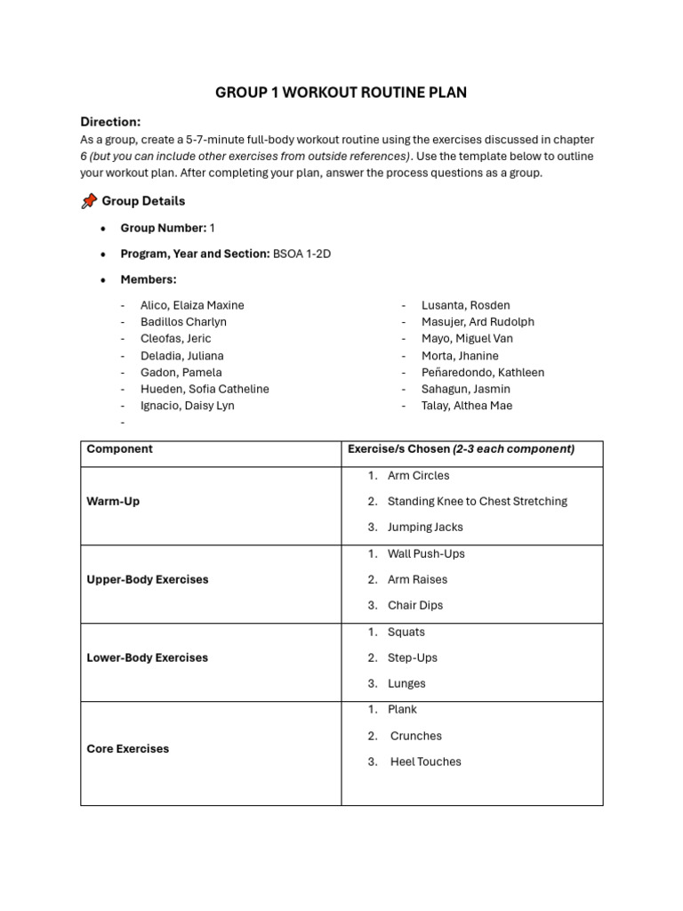 GROUP-1-WORKOUT-ROUTINE-PLAN | PDF | Management Of Obesity | Physical ...