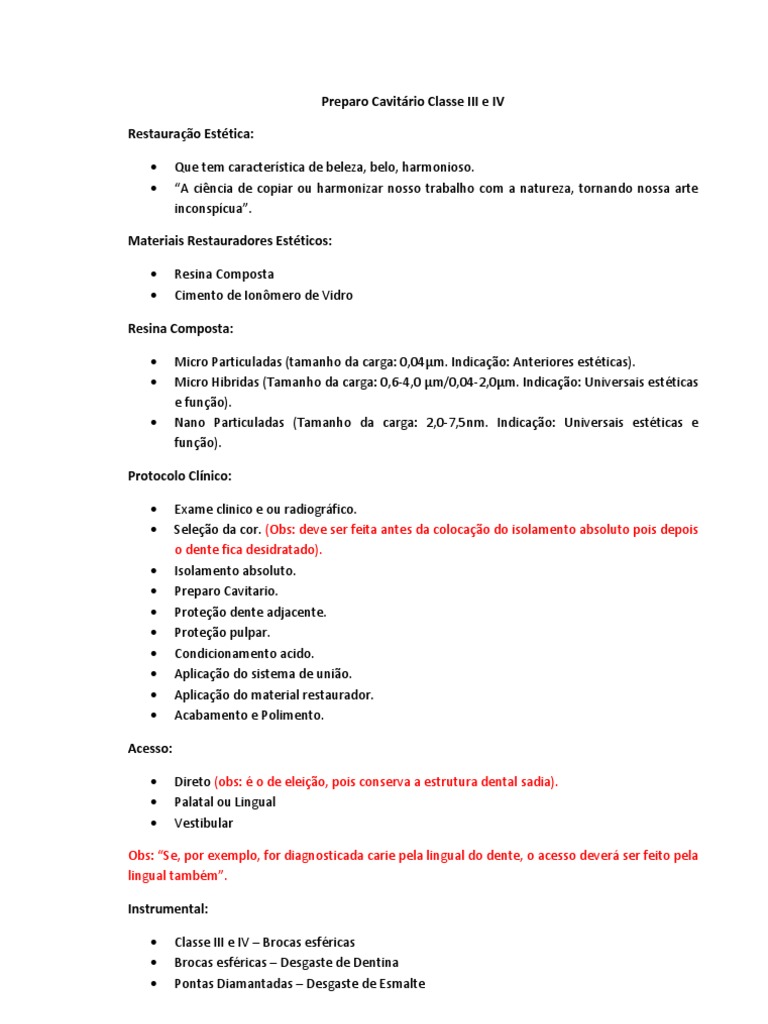 Preparo Cavitário Classe III e IV | PDF | Odontologia | Áreas da ...