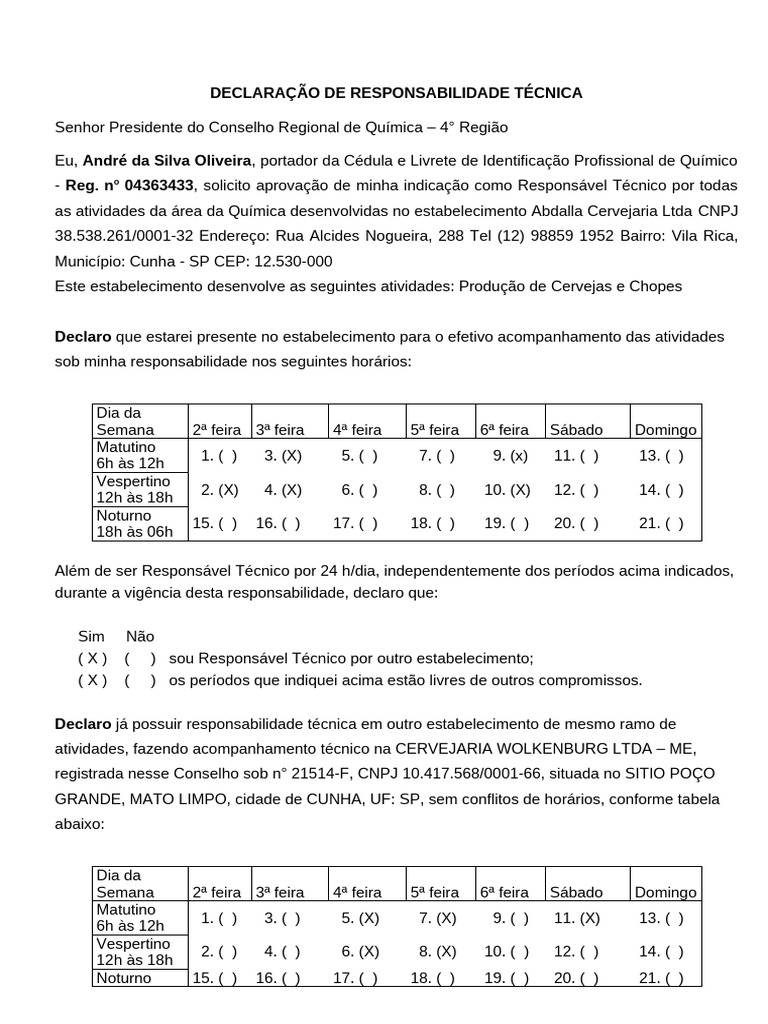 Modelo de Termo de Responsabilidade Técnica para Química - Modelo ...