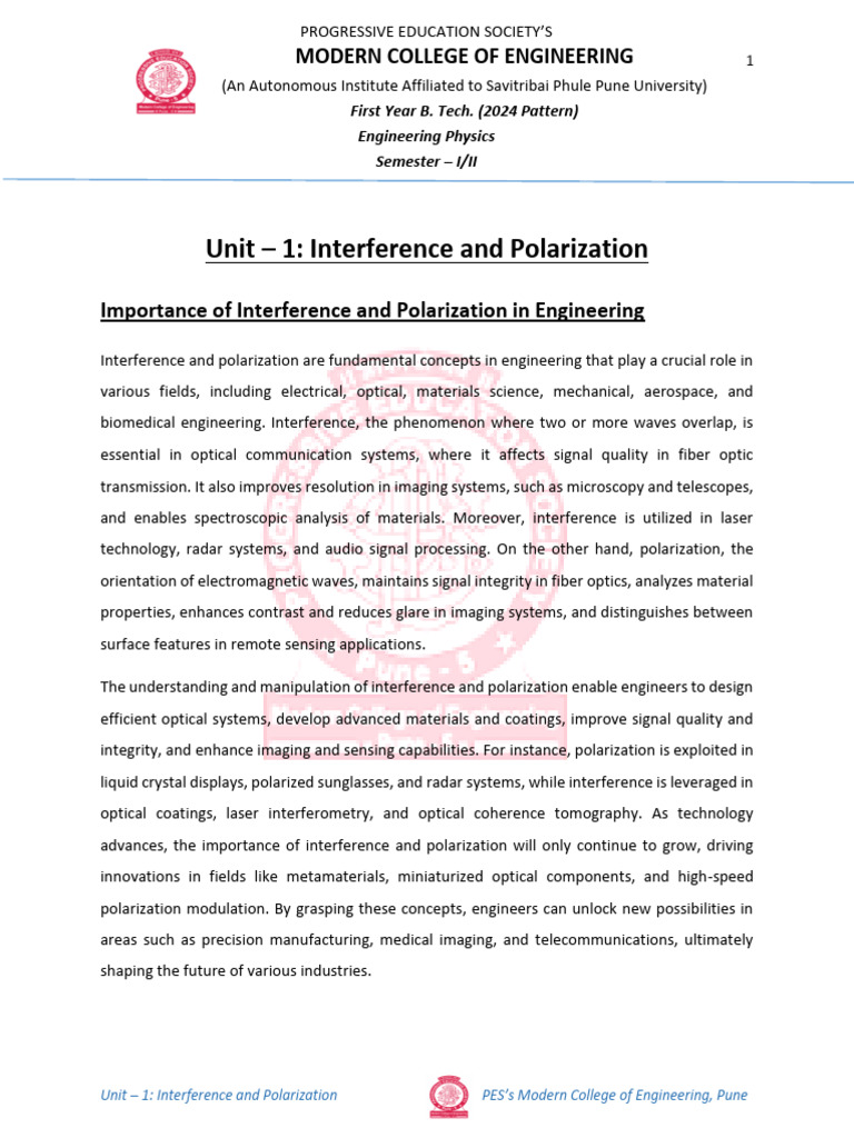 Unit 1 Interference and Polarization_Notes | PDF | Coherence (Physics ...