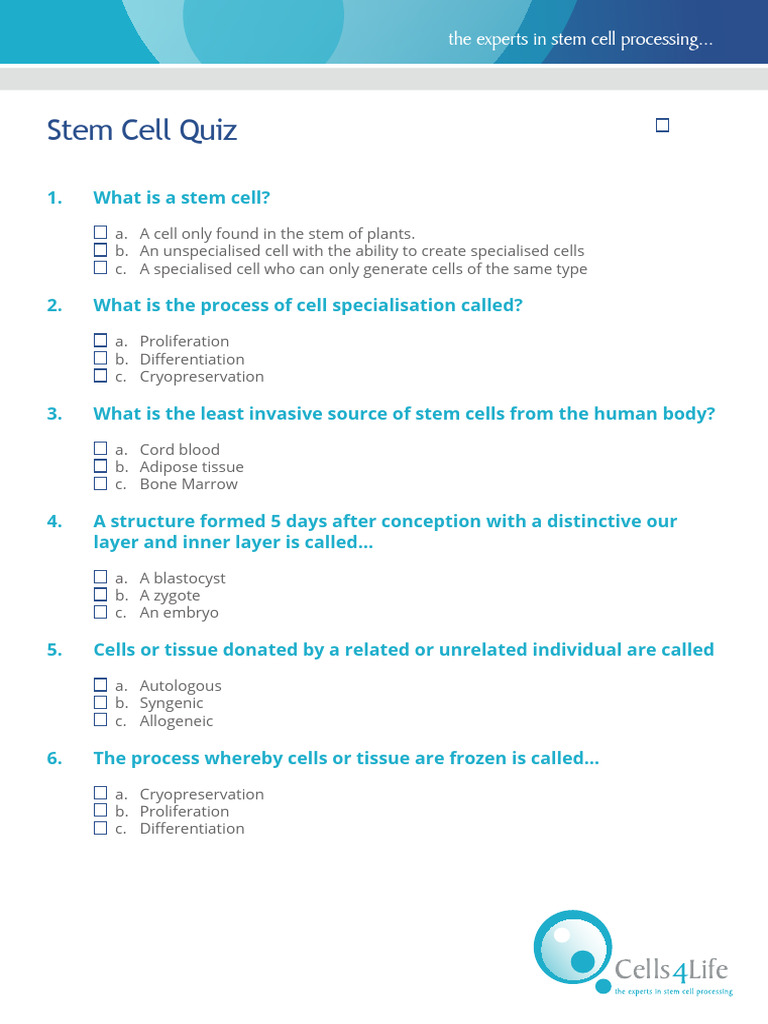 Stem Cell Quiz: Test Your Knowledge | PDF