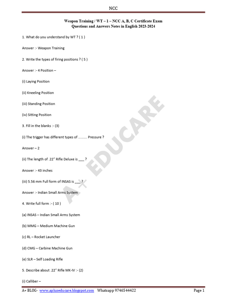 NCC Weapon Training Q&A Guide 2023 | PDF | Rifle | Firearms