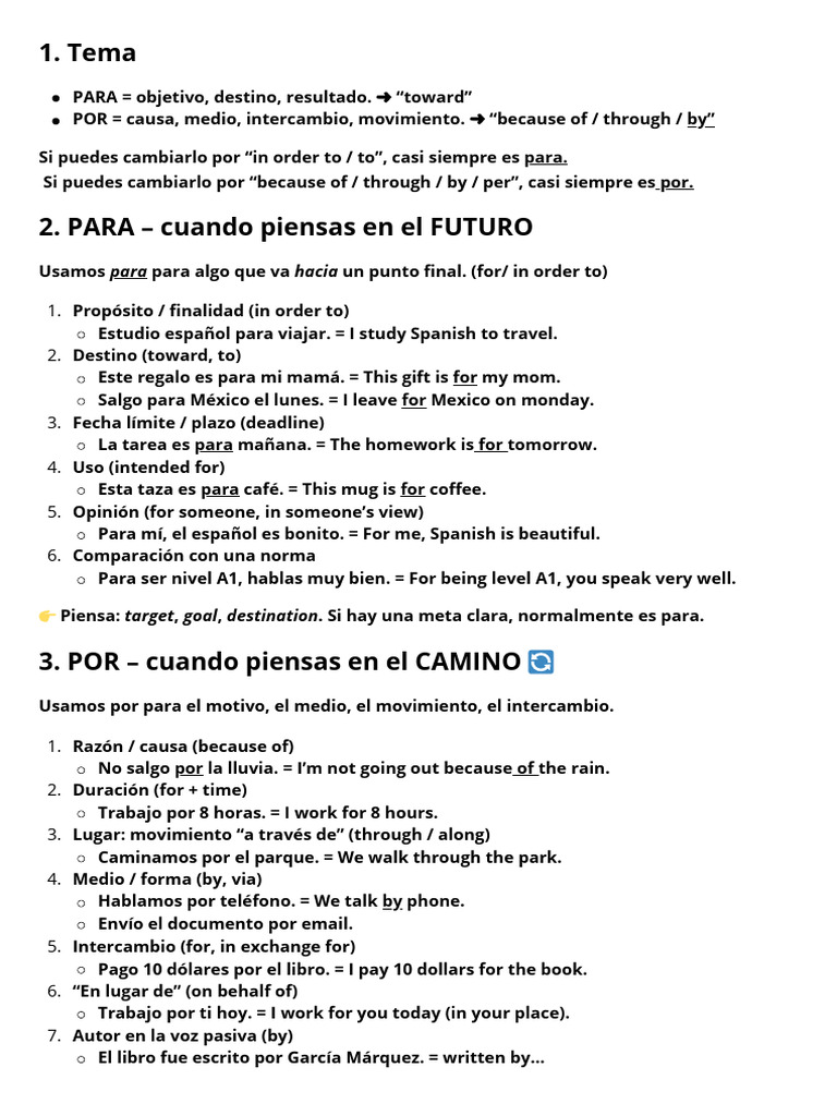 POR Y PARA ESPAÑOL A1-A2 | PDF