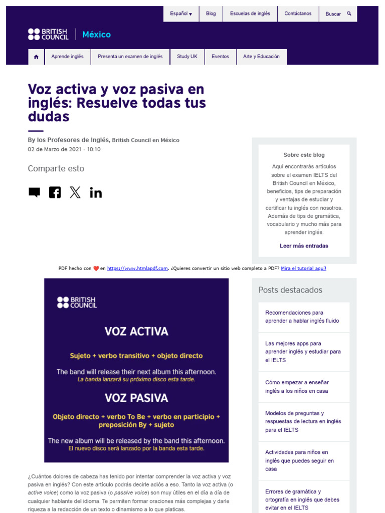 Voz Activa y Pasiva en Inglés: Guía Completa | PDF | Verbo | Objeto ...