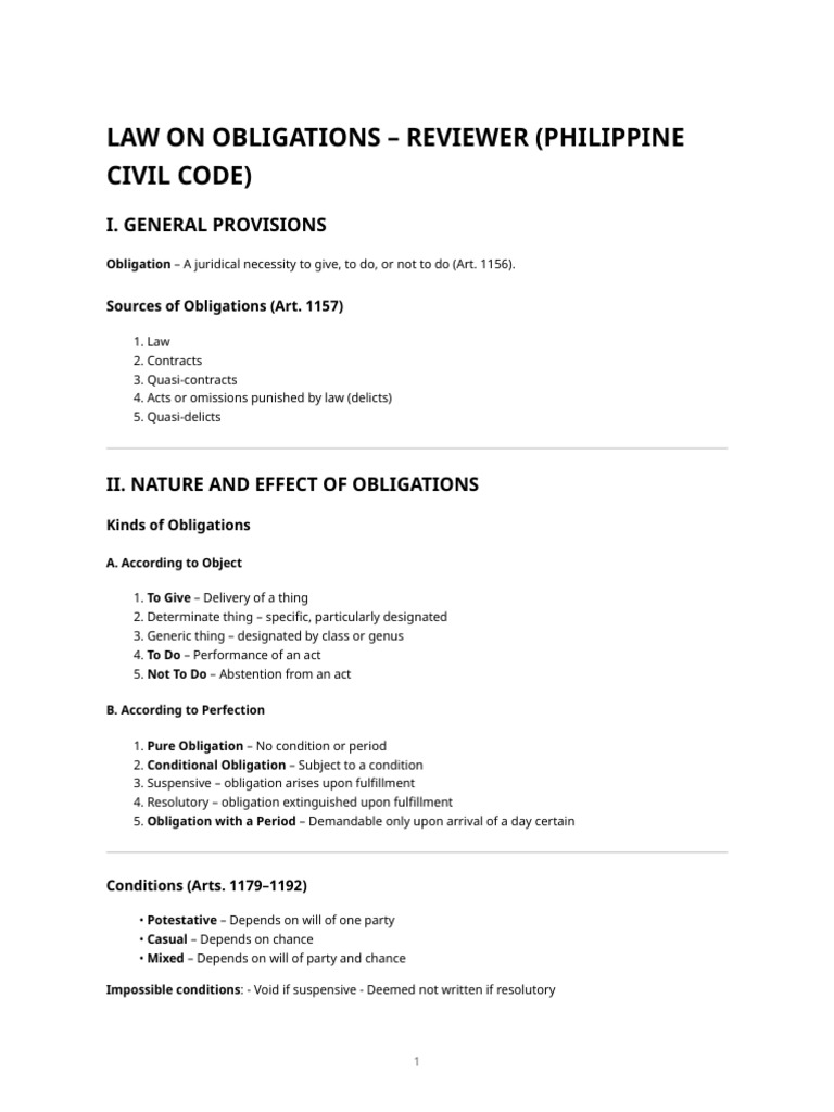 Law on Obligations – Reviewer (Philippine Civil Code) | PDF | Payments ...