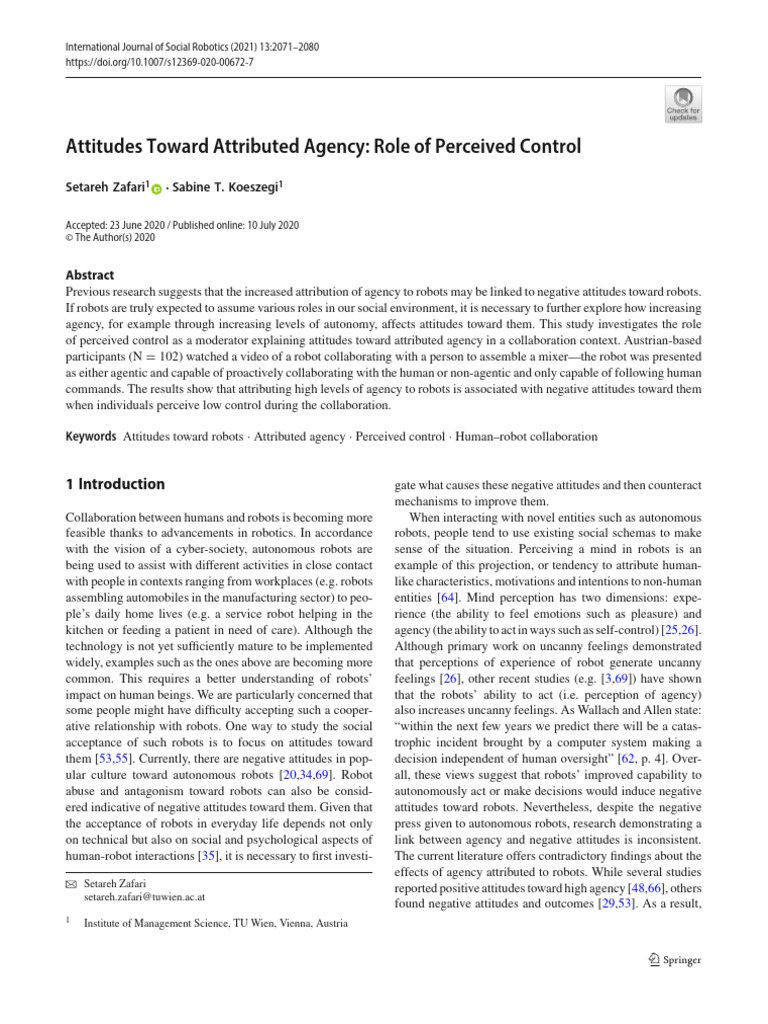 Perceived Control and Robot Agency | PDF | Attitude (Psychology) | Robotics