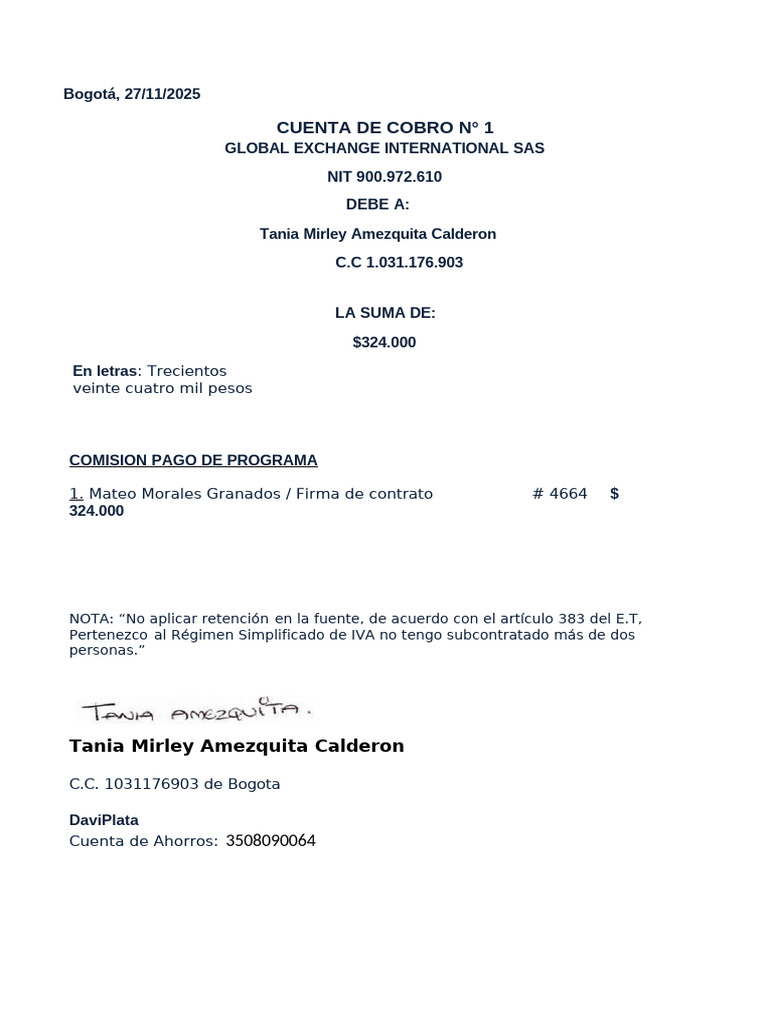 Cuenta de Cobro Comisiones Programa Tania Calderon | PDF