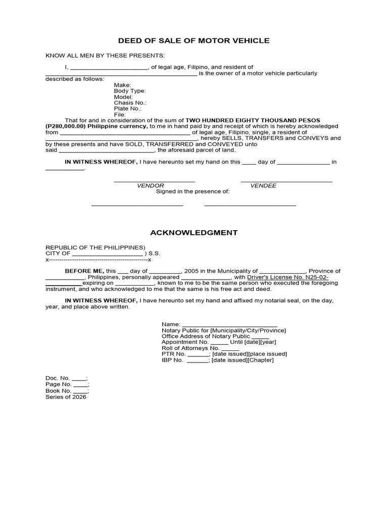 Motor Vehicle Sale Agreement Template | PDF | Notary Public | Deed